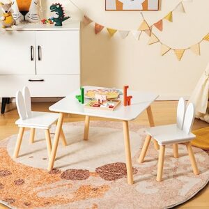 Costzon Kids Table and Chair Set, 3 Pieces Wooden Activity Play Table & 2 Cute Rabbit, Solid Wood Legs, Space-Saving Toddler Furniture for Preschool, Nursery, Children Playroom & Kindergarten (White)