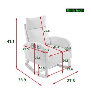 Sybrioka Modern Teddy Accent Rocking Chair,27" W Upholstered Glider Rocker for Baby and Kids,Two Side Pocket,Comfy Armchair, Living Room Lounge Arm Chair with High Backrest (Teddy, Grey)