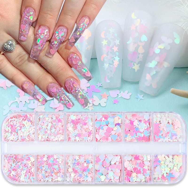 12 Grids Pink Laser Nail Glitter Sequins 3D Holographic Nail Glitter Flakes Sparkle Stars Moon Nail Sequins Heart Butterfly Nail Charms Accessories for Women DIY Eyes Nail Art Supplies Decorations