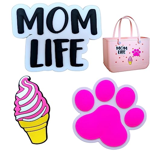 Lovyit Beach Bag Charm Accessories Rubber Decoration Insert Charms for Simply Southern Totes Bogg Bags (Paw+Momlife, 3pcs)