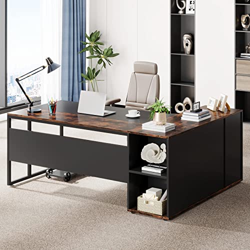 Tribesigns 71 inch Executive Desk, L Shaped Desk with Cabinet Storage, Executive Office Desk with Shelves, Business Furniture Desk Workstation for Home Office, Brown and Black