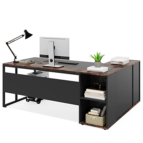 Tribesigns 71 inch Executive Desk, L Shaped Desk with Cabinet Storage, Executive Office Desk with Shelves, Business Furniture Desk Workstation for Home Office, Brown and Black