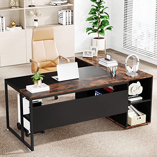 Tribesigns 71 inch Executive Desk, L Shaped Desk with Cabinet Storage, Executive Office Desk with Shelves, Business Furniture Desk Workstation for Home Office, Brown and Black