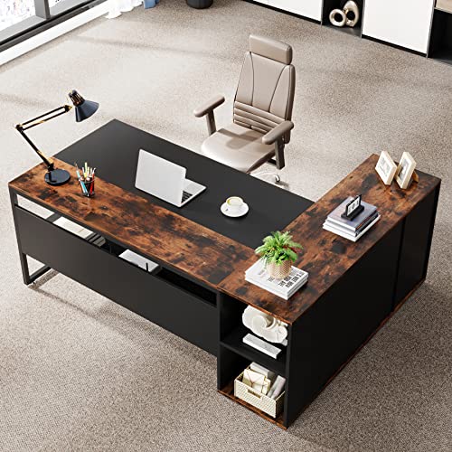 Tribesigns 71 inch Executive Desk, L Shaped Desk with Cabinet Storage, Executive Office Desk with Shelves, Business Furniture Desk Workstation for Home Office, Brown and Black