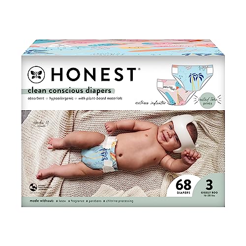 The Honest Company Clean Conscious Diapers | Plant-Based, Sustainable | Summer '23 Limited Edition Prints | Club Box, Size 3 (16-28 lbs), 68 Count