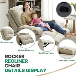 RISAR Oversized Rocker Recliner Chair, Ergonomic Nursery Manual Rocking Armchair Upholstered Thick backrest & Removable armrest Single Sofa Chair for Living Room (Beige)