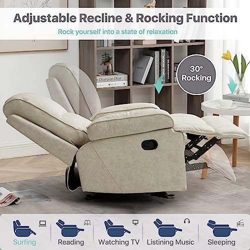 RISAR Oversized Rocker Recliner Chair, Ergonomic Nursery Manual Rocking Armchair Upholstered Thick backrest & Removable armrest Single Sofa Chair for Living Room (Beige)