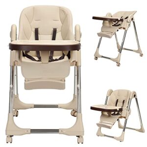 foldable highchair for babies & toddlers, multiple adjustable backrest, detachable pu leather cushion, built-in rear wheels, pu leather cushion (brown)