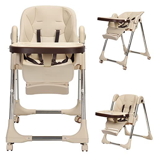 Foldable Highchair for Babies & Toddlers, Multiple Adjustable Backrest, Detachable PU Leather Cushion, Built-in Rear Wheels, PU Leather Cushion (Brown)