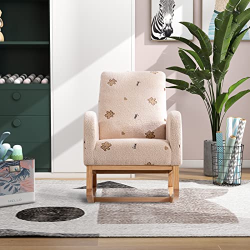 Modern Rocking Chair for Nursery High Back,Mid Century Accent Rocker Armchair With Side Pocket, Wooden Rocking Chair for Living Room Baby Kids Room,Nursing Comfy Chairs for Mom,Gift,Beige Boucle