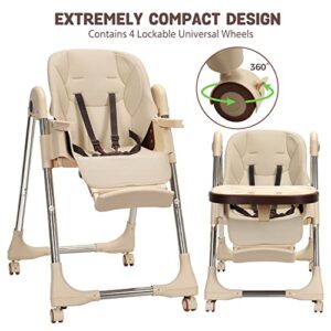 Foldable Highchair for Babies & Toddlers, Multiple Adjustable Backrest, Detachable PU Leather Cushion, Built-in Rear Wheels, PU Leather Cushion (Brown)