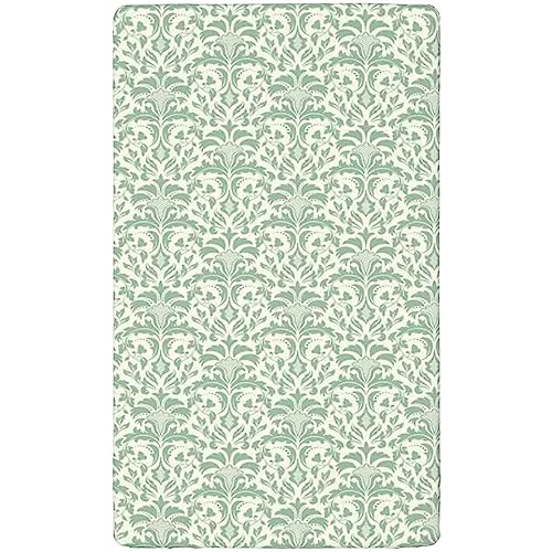 Damask Themed Fitted Mini Crib Sheets,Portable Mini Crib Sheets Soft Toddler Mattress Sheet Fitted - Great for Boy or Girl Room or Nursery,24“ x38“,Reseda Green Pale Green