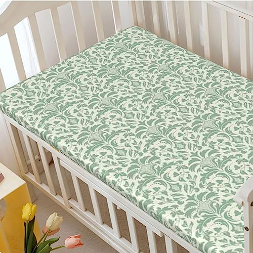 Damask Themed Fitted Mini Crib Sheets,Portable Mini Crib Sheets Soft Toddler Mattress Sheet Fitted - Great for Boy or Girl Room or Nursery,24“ x38“,Reseda Green Pale Green