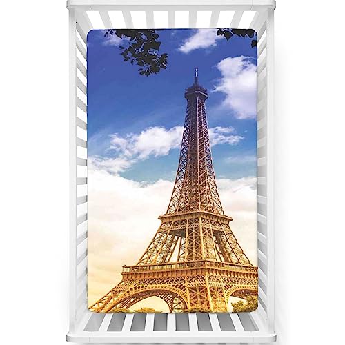 Eiffel Tower Themed Fitted Mini Crib Sheets,Portable Mini Crib Sheets Toddler Bed Mattress Sheets - Baby Crib Sheets for Girl or Boy,24“ x38“,Blue Yellow