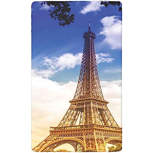 Eiffel Tower Themed Fitted Mini Crib Sheets,Portable Mini Crib Sheets Toddler Bed Mattress Sheets - Baby Crib Sheets for Girl or Boy,24“ x38“,Blue Yellow