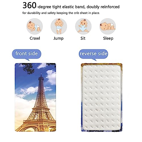 Eiffel Tower Themed Fitted Mini Crib Sheets,Portable Mini Crib Sheets Toddler Bed Mattress Sheets - Baby Crib Sheets for Girl or Boy,24“ x38“,Blue Yellow