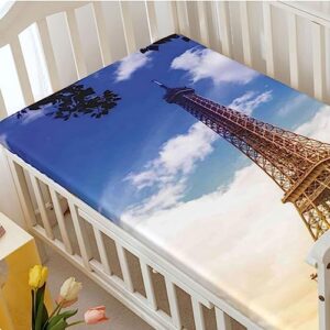 Eiffel Tower Themed Fitted Mini Crib Sheets,Portable Mini Crib Sheets Toddler Bed Mattress Sheets - Baby Crib Sheets for Girl or Boy,24“ x38“,Blue Yellow