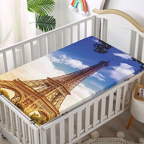 Eiffel Tower Themed Fitted Mini Crib Sheets,Portable Mini Crib Sheets Toddler Bed Mattress Sheets - Baby Crib Sheets for Girl or Boy,24“ x38“,Blue Yellow