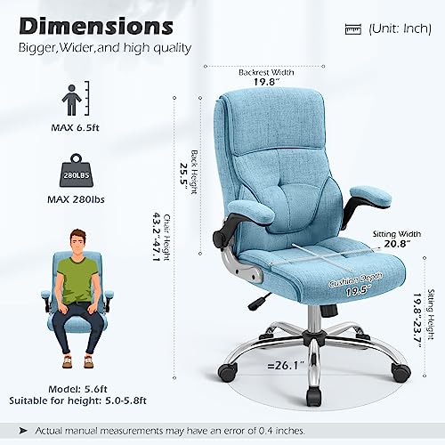 YAMASORO Ergonomic Executive Office Chair Linen Fabric Home Office Desk Chairs with Armrest and Wheels, High Back Computer Chairs for Adults,Blue