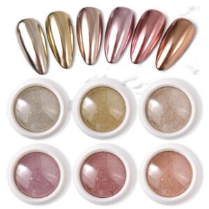 chrome nail power set, 6 jars metallic chrome nail art powder, rose gold mirror effect pigment glitter dust powder for women diy manicure nail art decorations