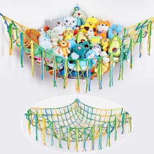 basumee stuffed animals net or hammock toy storage organizer toy hammock hanging stuffed animals storage holder with tassels for nursery kids bedroom room wall décor, yellow-green