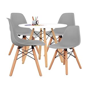 aron living kids playroom table and chair set, set of 4 grey chairs & white table, round table with chairs for toddler children, kids dining table and chair set