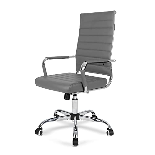 Okeysen Grey Office Desk Chair, Ergonomic Leather Modern Conference Room Chairs, Executive Ribbed Adjustable Swivel Rolling Chair for Home Office.