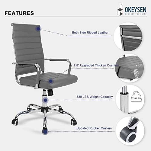 Okeysen Grey Office Desk Chair, Ergonomic Leather Modern Conference Room Chairs, Executive Ribbed Adjustable Swivel Rolling Chair for Home Office.