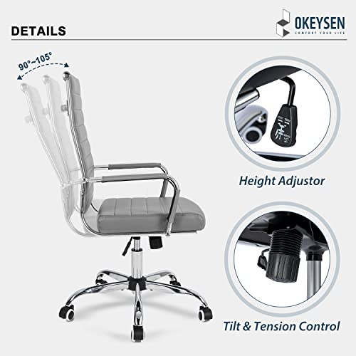 Okeysen Grey Office Desk Chair, Ergonomic Leather Modern Conference Room Chairs, Executive Ribbed Adjustable Swivel Rolling Chair for Home Office.