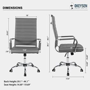 Okeysen Grey Office Desk Chair, Ergonomic Leather Modern Conference Room Chairs, Executive Ribbed Adjustable Swivel Rolling Chair for Home Office.