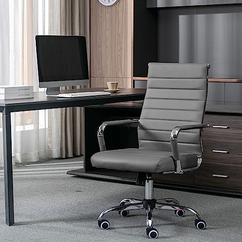 Okeysen Grey Office Desk Chair, Ergonomic Leather Modern Conference Room Chairs, Executive Ribbed Adjustable Swivel Rolling Chair for Home Office.