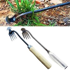 2 pieces garden weeding rake, new sharp and durable with root weeding tool for home garden shovel, backyard loosening farm planting weeding. (11.8 inch iron + wood handle)