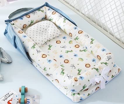 Youlvy Baby Lounger Nest, 100% Cotton Breathable co Sleeper for Baby in Bed, Portable Bag Baby Lounger for Newborn with Extended Space & Adjustable Size to 3 Years Old-Animal World Blue 4