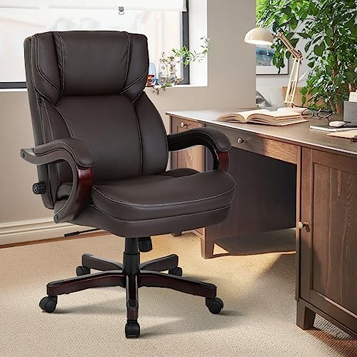 Adjustable Executive Chair, Big and Tall Ergonomic Office Chair for Desk-Swivel PU Leather Computer Chair with Wheels, High Back, Lumbar Support and Armrest, Classic Brown