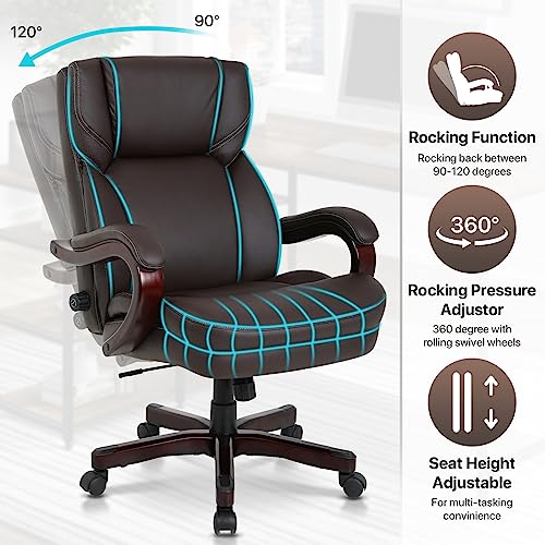 Adjustable Executive Chair, Big and Tall Ergonomic Office Chair for Desk-Swivel PU Leather Computer Chair with Wheels, High Back, Lumbar Support and Armrest, Classic Brown