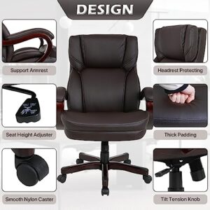 Adjustable Executive Chair, Big and Tall Ergonomic Office Chair for Desk-Swivel PU Leather Computer Chair with Wheels, High Back, Lumbar Support and Armrest, Classic Brown