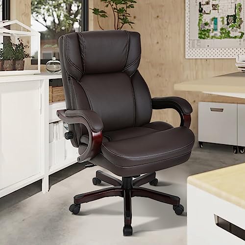 Adjustable Executive Chair, Big and Tall Ergonomic Office Chair for Desk-Swivel PU Leather Computer Chair with Wheels, High Back, Lumbar Support and Armrest, Classic Brown