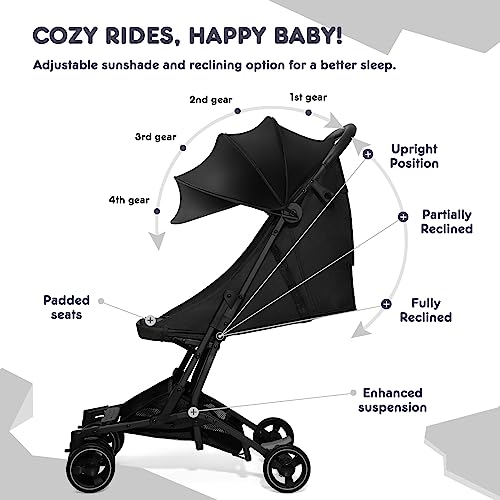 HARPPA Lightweight Travel Stroller, Ultra Compact Umbrella Stroller for Babies & Toddlers Easy Fold Adjustable Backrest and 5-Point Harness Safety Infant Stroller for Kids Black