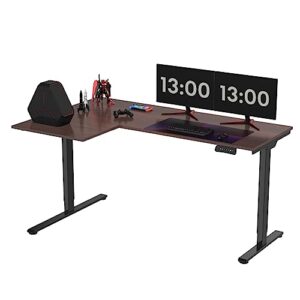 sanodesk 63-inch large dual motor l-shaped electric height adjustable standing desk - reversible panel - black walnut top/black frame - ideal for gaming, home office or computer workstation