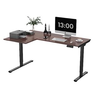 sanodesk 63-inch large dual motor l-shaped electric height adjustable standing desk - reversible panel - black walnut top/black frame - ideal for gaming, home office or computer workstation