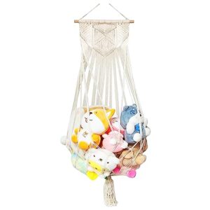 foxtell stuffed animal macrame hammock or net wall hanging plushy toy organizer for nursery room, toy hammock for stuffed animals boho hanging net for kids