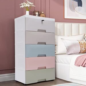 SNKOURIN Plastic Dresser 5 Drawers, Closet Drawers Tall Standing Dresser Bedside Furniture & Night Stand End Table Dresser for Office,Playroom,Bedroom Furniture,Multicolor