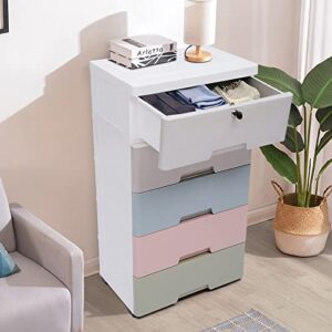 SNKOURIN Plastic Dresser 5 Drawers, Closet Drawers Tall Standing Dresser Bedside Furniture & Night Stand End Table Dresser for Office,Playroom,Bedroom Furniture,Multicolor