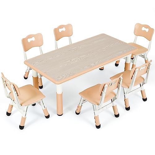 Arlopu Kids Table and 6 Chairs Set, Height Adjustable Graffiti Table, Preschool Activity Art Craft Table, for Daycare Classroom Home Boys and Girls Age 3-12 (Beige)