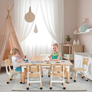 Arlopu Kids Table and 6 Chairs Set, Height Adjustable Graffiti Table, Preschool Activity Art Craft Table, for Daycare Classroom Home Boys and Girls Age 3-12 (Beige)