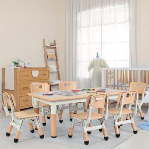 Arlopu Kids Table and 6 Chairs Set, Height Adjustable Graffiti Table, Preschool Activity Art Craft Table, for Daycare Classroom Home Boys and Girls Age 3-12 (Beige)