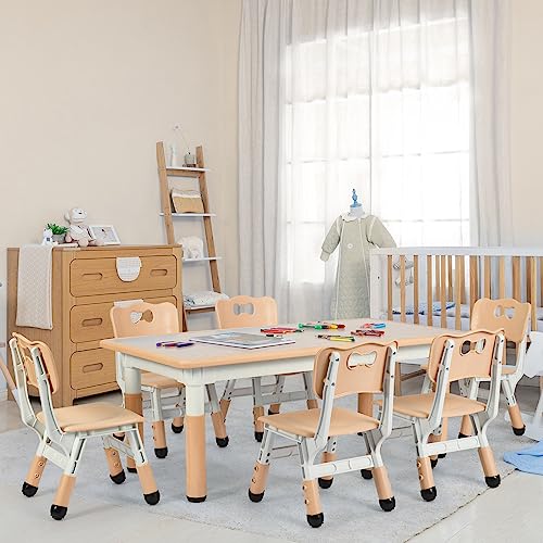 Arlopu Kids Table and 6 Chairs Set, Height Adjustable Graffiti Table, Preschool Activity Art Craft Table, for Daycare Classroom Home Boys and Girls Age 3-12 (Beige)