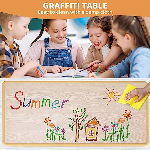 Arlopu Kids Table and 6 Chairs Set, Height Adjustable Graffiti Table, Preschool Activity Art Craft Table, for Daycare Classroom Home Boys and Girls Age 3-12 (Beige)