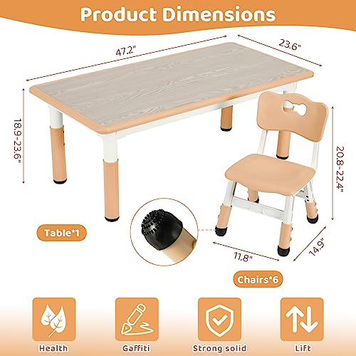 Arlopu Kids Table and 6 Chairs Set, Height Adjustable Graffiti Table, Preschool Activity Art Craft Table, for Daycare Classroom Home Boys and Girls Age 3-12 (Beige)