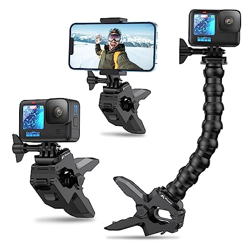 Jaws Flex Clamp Mount with Adjustable Gooseneck for GoPro Hero 11, 10, 9, 8, 7, 6, 5, 4, Session 3+, 3, 2, 1 Max, Hero (2018) Fusion, DJI Osmo Cameras Compatible with 4-7'' Smartphone